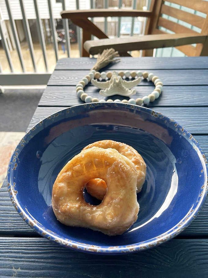 Two perfect donuts rest in a blue bowl, looking like edible art against the boardwalk backdrop.