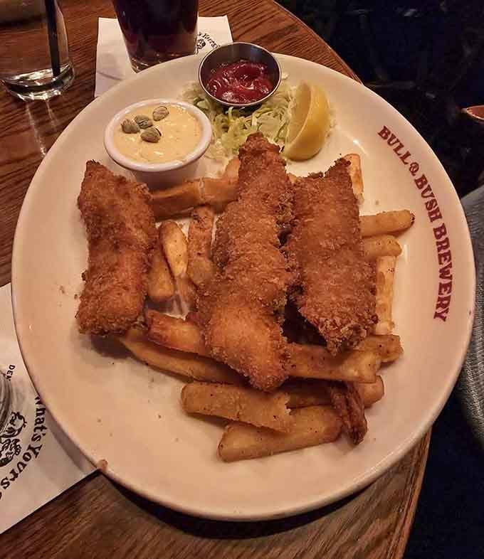 Golden, crispy, flaky perfection on a plate, this is the fish and chips that legends are made of.