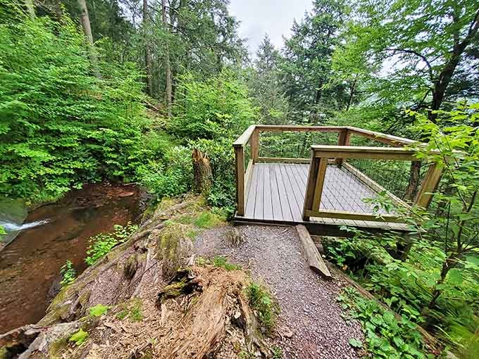 A wooden viewing deck offers front-row seats to the waterfall show, no ticket required for this performance.