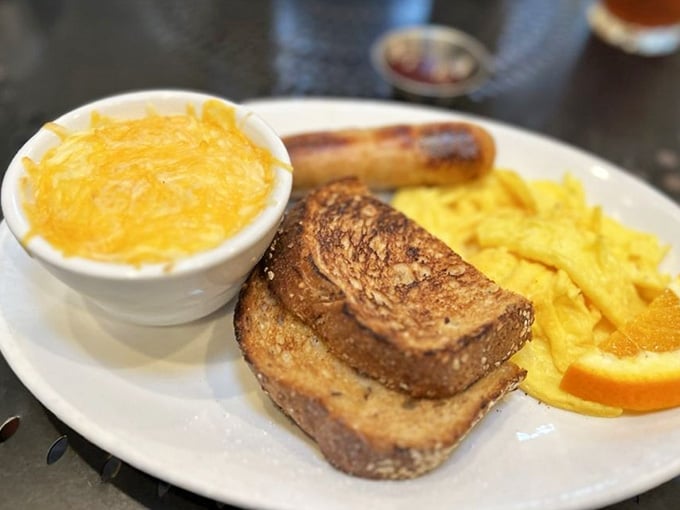 Golden toast, crispy sausage, and hash browns that understand their assignment, this is breakfast done right, period.