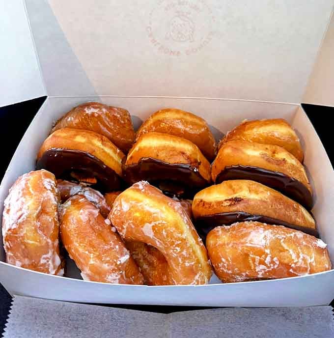 Chocolate and glazed rings sitting together like the dynamic duo of the donut world, ready to save your morning.