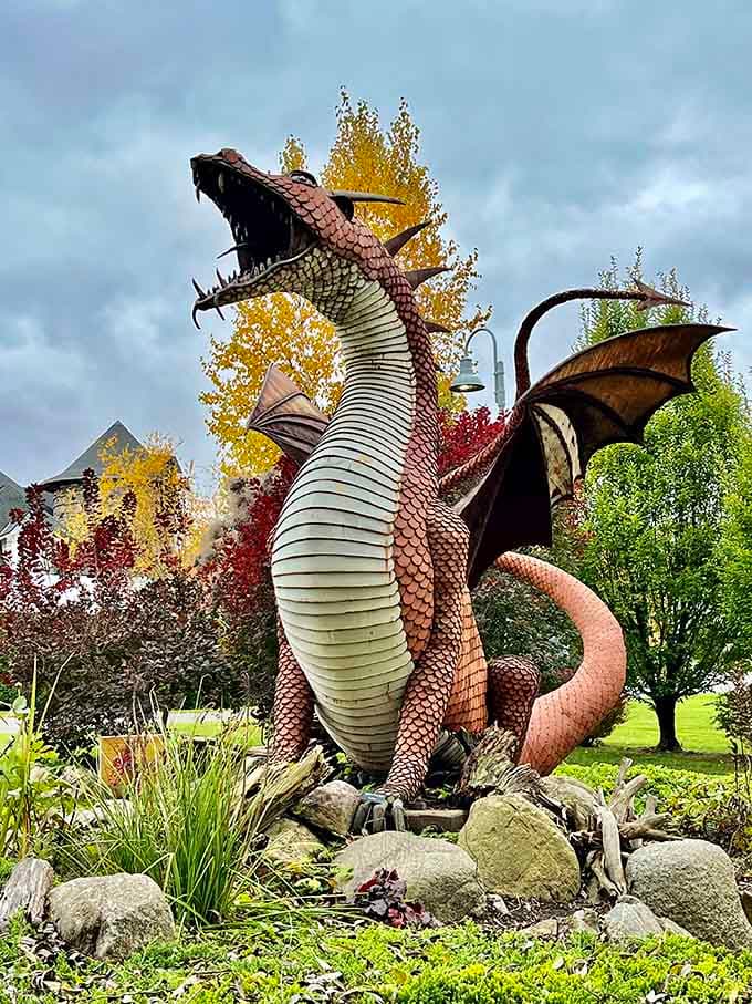 This dragon guards the grounds like it's auditioning for the next fantasy blockbuster, scales and all.