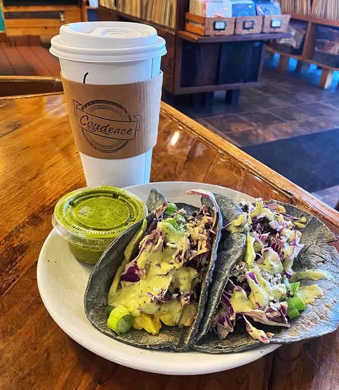 Those breakfast tacos come with vibrant slaw and that magical green sauce you'll dream about later.