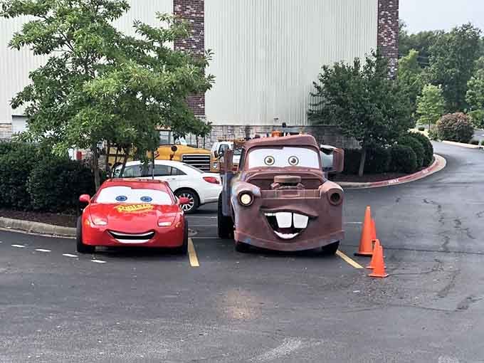 McQueen and Mater stand ready for photo ops, bringing Pixar magic to the Branson parking lot.