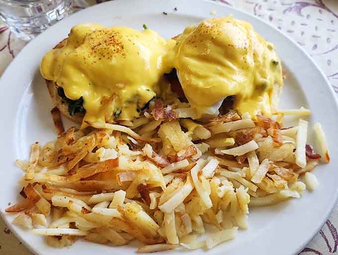 Eggs Benedict this beautiful deserves its own flight plan, complete with perfectly golden hollandaise and crispy hash browns.