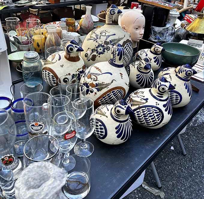 Hand-painted pottery sits alongside glassware that's survived decades without ending up in a thousand pieces on someone's floor.