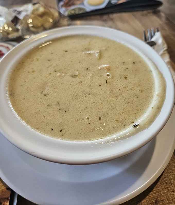 This bowl of creamy, perfectly seasoned chowder looks like it sailed straight down from Massachusetts with all its dignity intact.