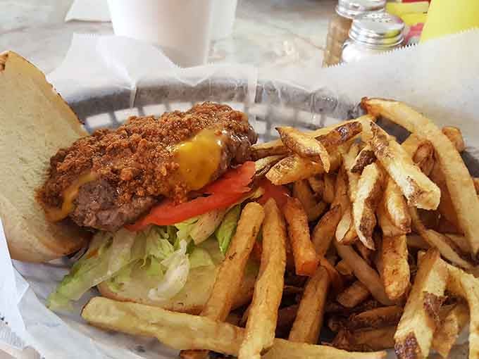 Those golden beauties are actual potatoes, hand-cut and fried fresh, not some factory-frozen impostor pretending to be food.