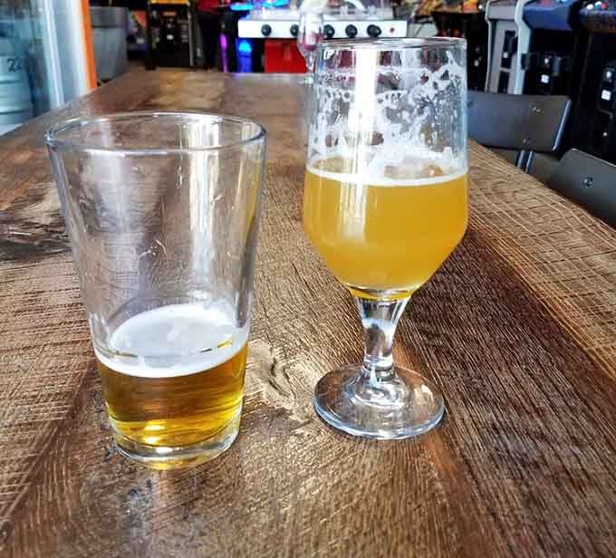 Two beers sitting pretty, waiting to fuel your quest for that elusive high score on Galaga.