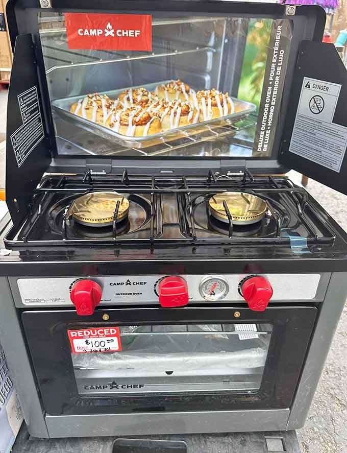 A portable gas stove with an actual oven &ndash; because camping shouldn't mean sacrificing your culinary standards or cinnamon rolls.