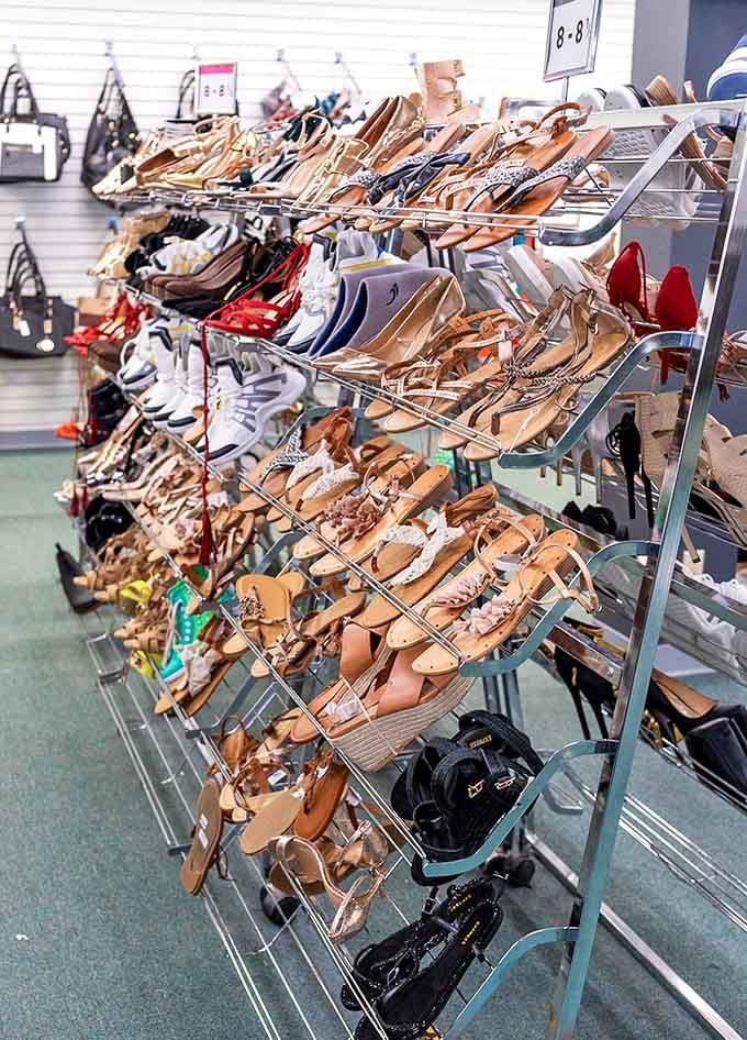 From sensible flats to bold red heels, this footwear display has more variety than a shoe lover's wildest dreams.