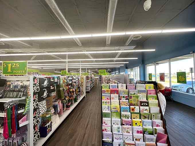 Greeting cards organized by every possible occasion, because someone's always having a birthday or getting married.