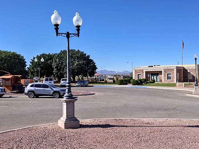 Wide streets and vintage lampposts create a downtown where you can actually see the sky between buildings.