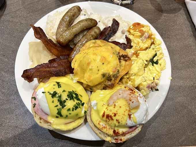 Eggs Benedict with bacon and sausage proves breakfast at Eagles Buffet means serious business for morning appetites.