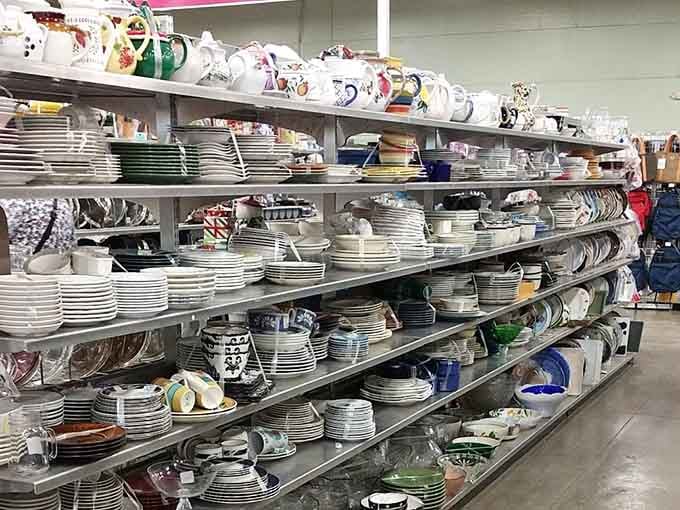 Teapots and plates stacked like a ceramic symphony, waiting for someone to take them home for Sunday dinner.