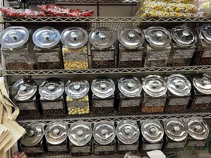 Chocolate-covered everything sits in gleaming bins like edible treasure waiting to ruin your diet gloriously.