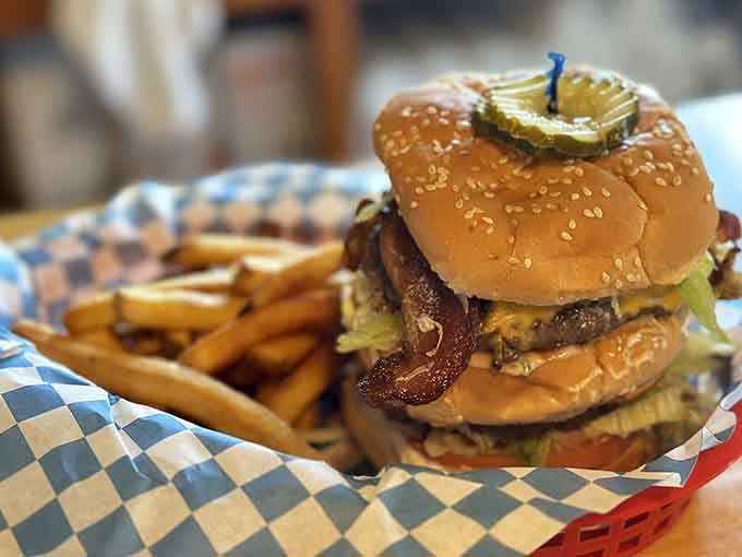 Behold the Fat Smitty Burger in all its glory, stacked high and ready to change your life.
