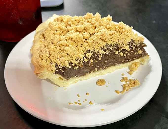 Chocolate peanut butter pie with a crumb topping that'll make you forget every diet you've ever attempted.