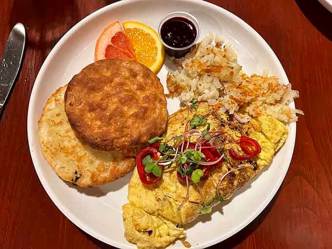 Golden eggs, crispy hash browns, and a biscuit that could make a Southern grandmother weep with joy.