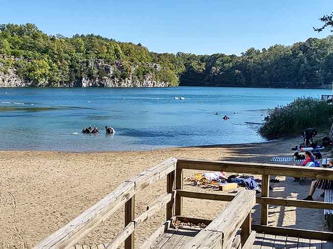 Summer days at the quarry beach where that impossibly blue water makes you forget you're landlocked in the Midwest.