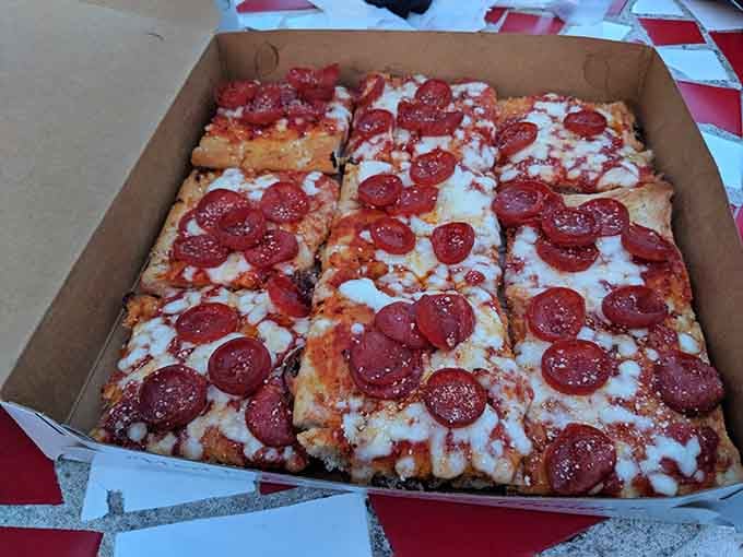 Pepperoni circles of joy arranged like edible art, proving perfection doesn't need a fancy presentation or explanation.