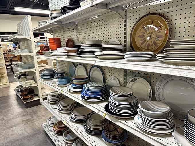 Stacks of plates ready to host your next dinner party without requiring a second mortgage payment.