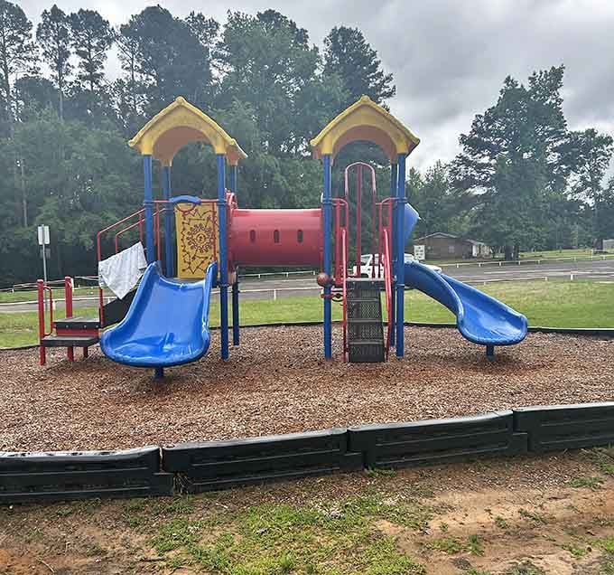 Even the playground equipment here has that timeless quality, perfect for wearing out the grandkids between shopping stops.