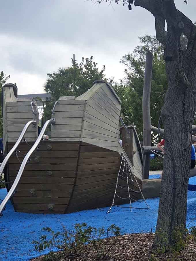 A weathered ship structure invites tiny pirates to climb aboard and conquer the seven seas of imagination.