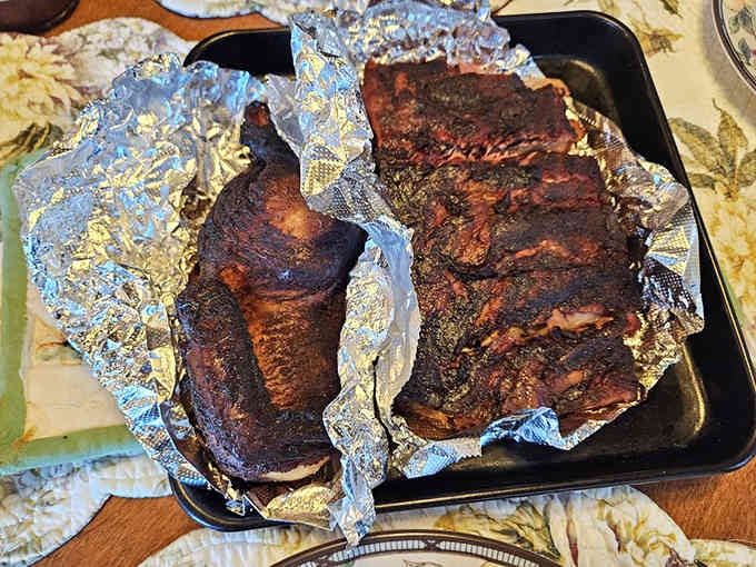 Behold the glory: ribs so tender they're practically waving goodbye to the bone before you touch them.