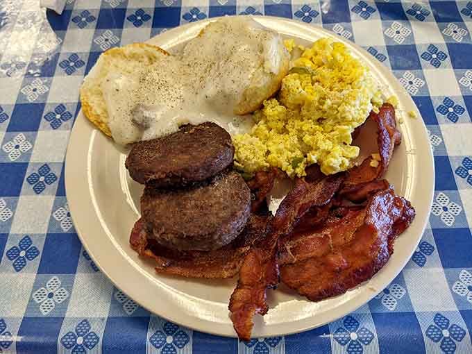 A breakfast plate loaded with biscuits, gravy, bacon, sausage, and eggs that could fuel a week of productivity.