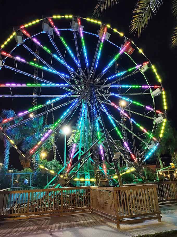 The Ferris wheel lights up the night sky like a rainbow decided to throw its own party.