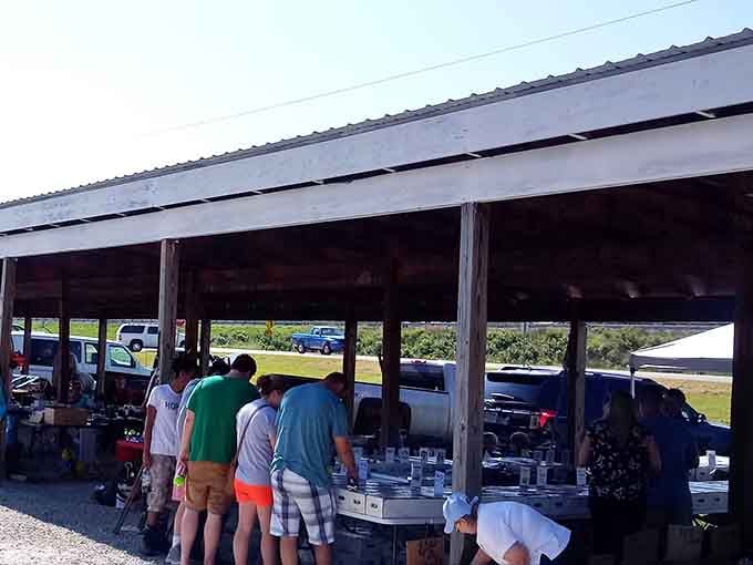 The covered pavilion where serious shoppers gather, because even treasure hunters need shade from the Missouri sun.