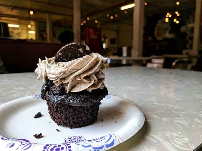Cookies and cream frosting piled high with cookie crumbles, because subtlety is overrated when chocolate's involved.