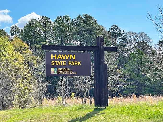 Your adventure starts here, where the sign promises exactly what Missouri delivers best: unspoiled nature.