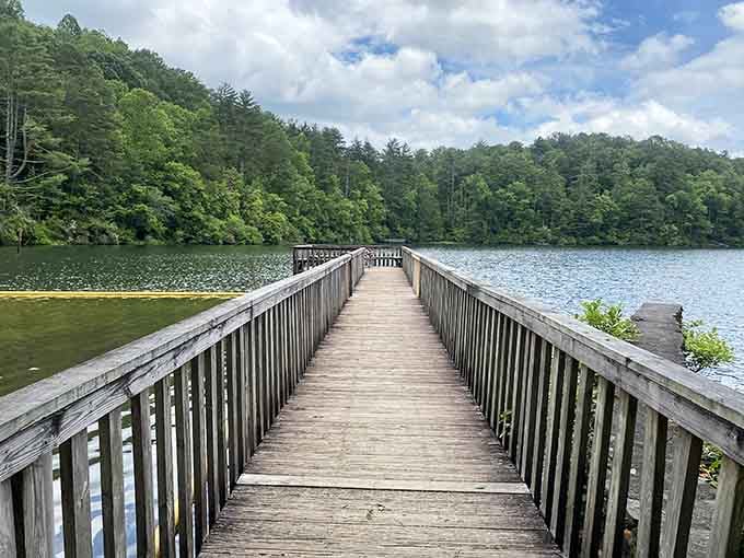 This wooden pier stretching across mirror-calm water invites peaceful contemplation and maybe a little fishing daydreaming.