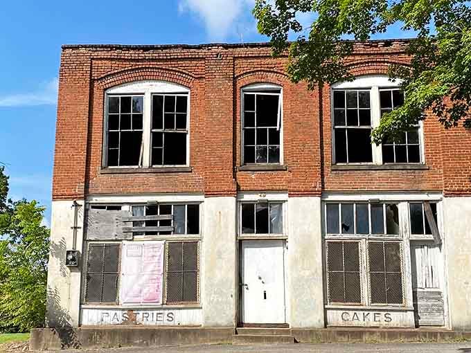 The old bakery building still advertises pastries and cakes, though the ovens went cold long ago.