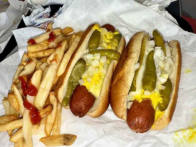 Chicago dogs done right: a symphony of toppings that proves sometimes more is definitely, absolutely more.