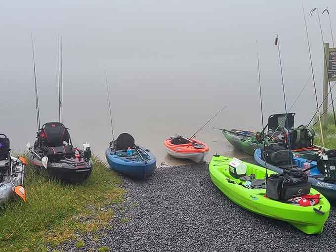 A rainbow coalition of kayaks ready to explore waters calmer than a meditation app could ever promise.