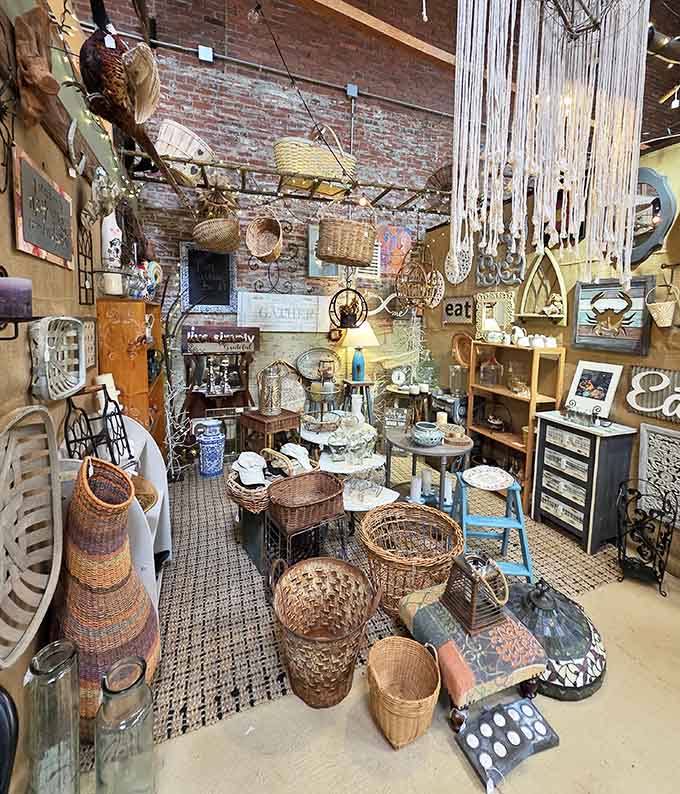 Wicker baskets dangle overhead like some delightfully chaotic art installation celebrating America's storage solutions through the ages.