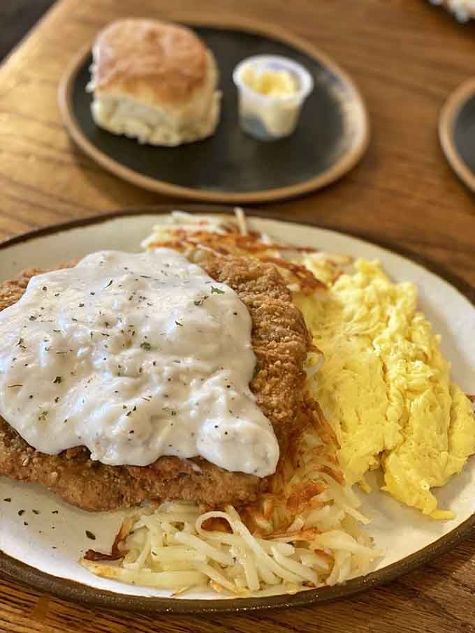 Chicken fried steak smothered in country gravy: the breakfast that requires both courage and an appetite to match.