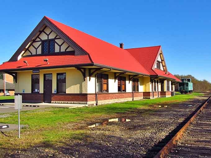 The old train depot stands ready, a colorful reminder of when Hoquiam connected the world to timber.