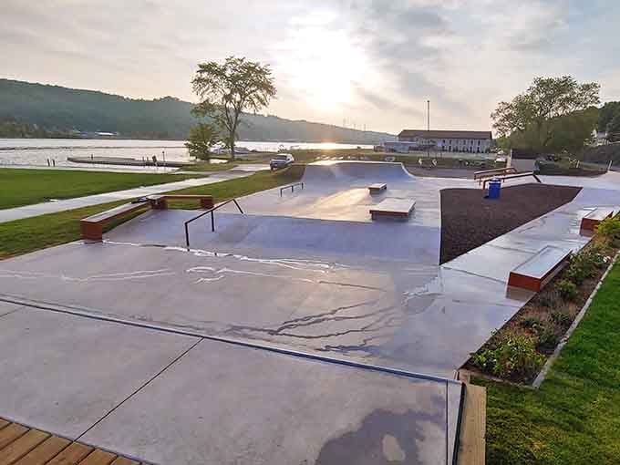 The skate park overlooks Portage Lake, proving that even extreme sports get better with waterfront views.