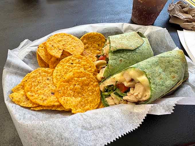 This wrap comes with chips and enough flavor to make your taste buds do a happy dance.