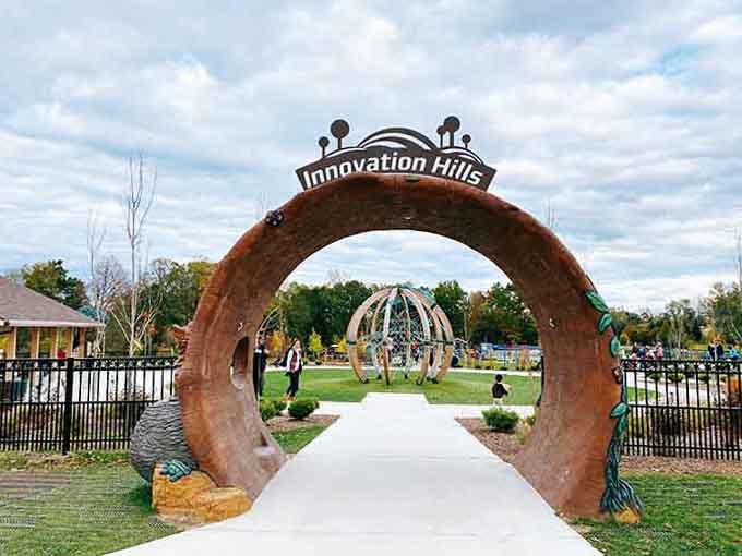 Walking through this entrance arch feels like stepping into Willy Wonka's factory, but for outdoor adventures instead.