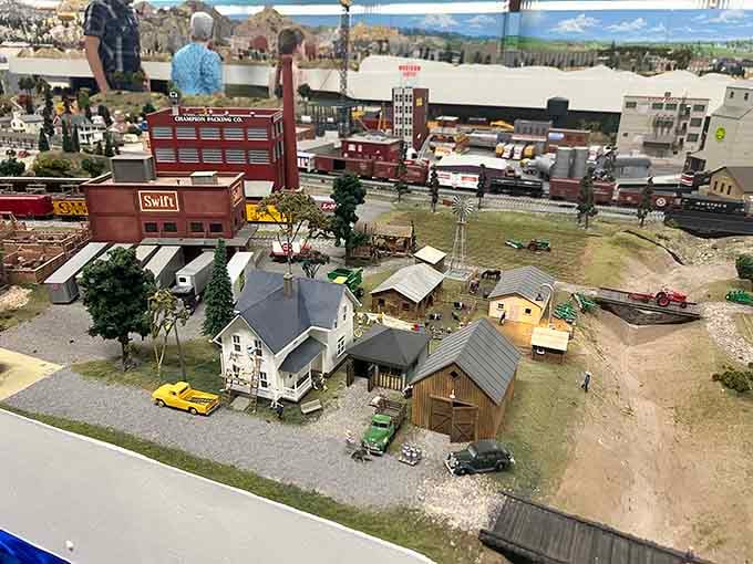 Small-town America recreated in perfect miniature, right down to the church steeple and corner grocery store.