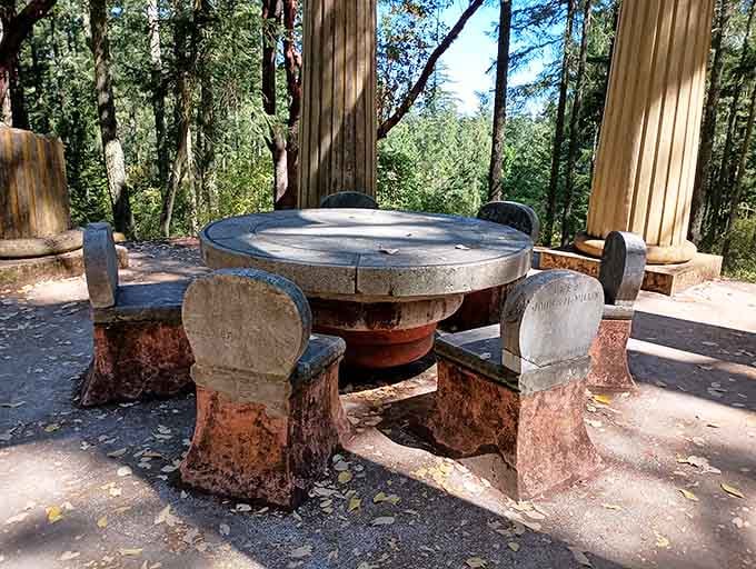 Stone furniture that's lasted longer than most marriages, proving good craftsmanship never goes out of style.