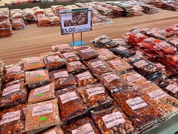 Brazil nuts to pine nuts, this vendor's got more variety than a Forrest Gump chocolate box, all neatly bagged.