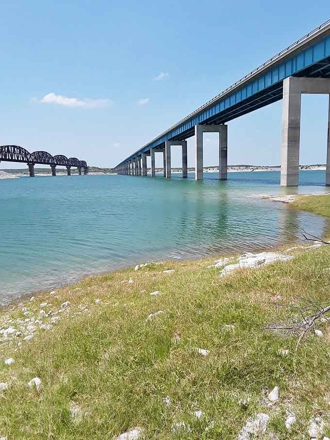 Two bridges spanning the lake like they're racing to see which one looks better in photos.