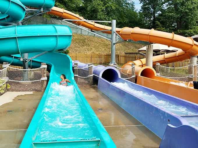 These colorful water slides offer multiple paths to the same joyful destination: complete and total summer refreshment.
