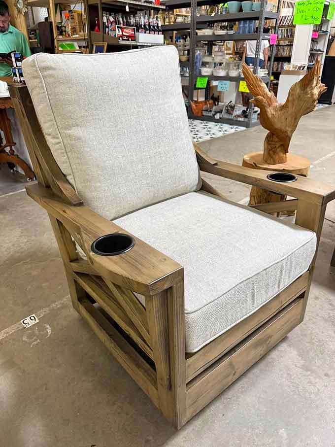 That wooden lounge chair with built-in cup holders proves our grandparents understood relaxation better than we ever will.
